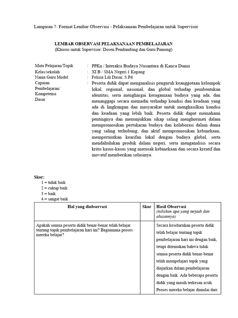 Lampiran 7 - Format Lembar Observasi Pelaksanaan Pembelajaran Untuk Supervisor | PDF | Karier ...