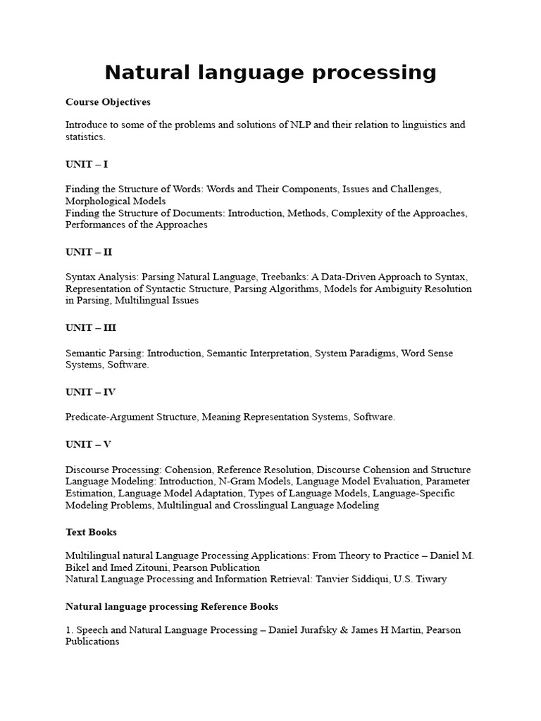 Natural Language Processing Syllabus | PDF | Language Arts & Discipline Natural Language Processing Syllabus | PDF | Language Arts & Discipline