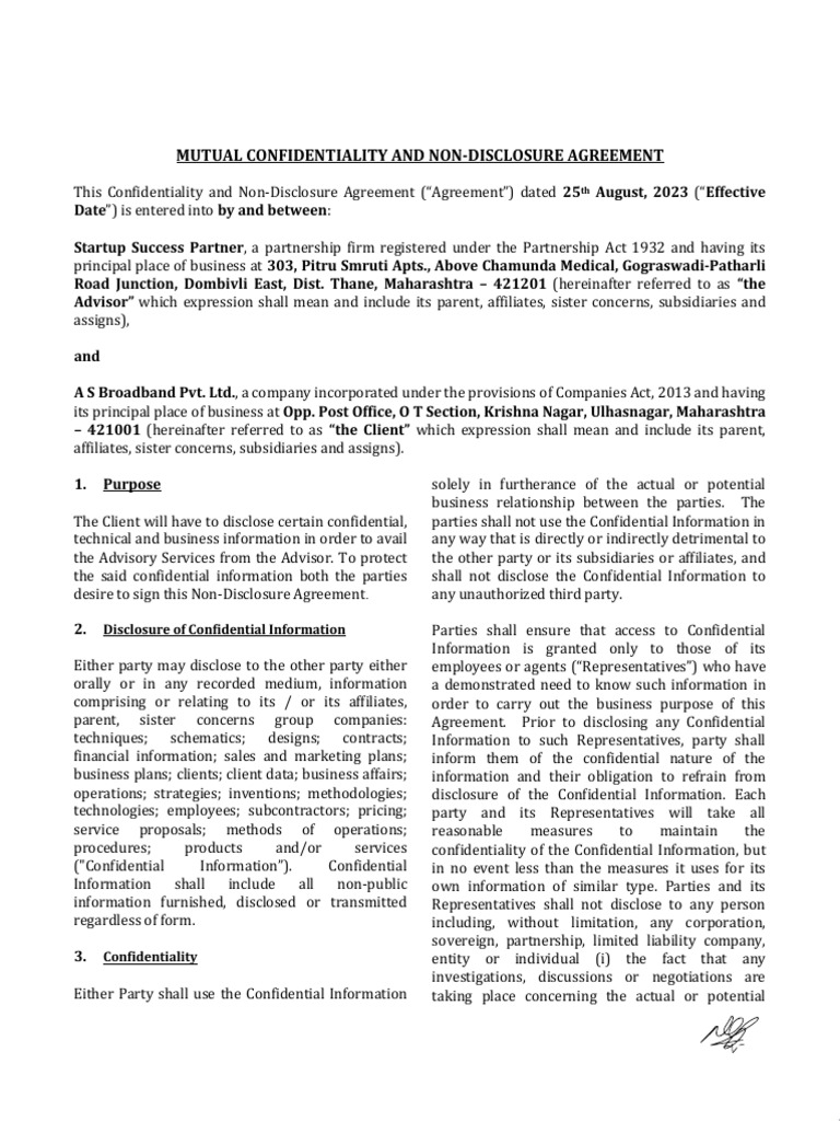 Non Disclosure Agreement | PDF | Confidentiality | Discovery (Law)