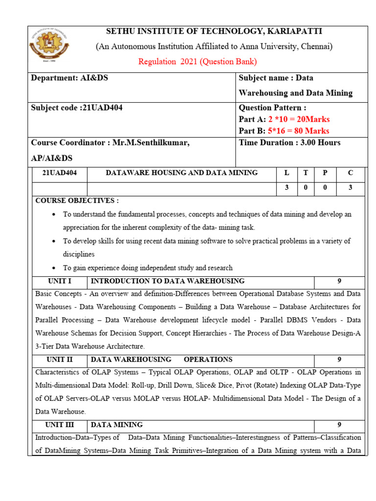 21uad404 Dwdm April 2024 Qb Pdf Cluster Analysis Data Warehouse