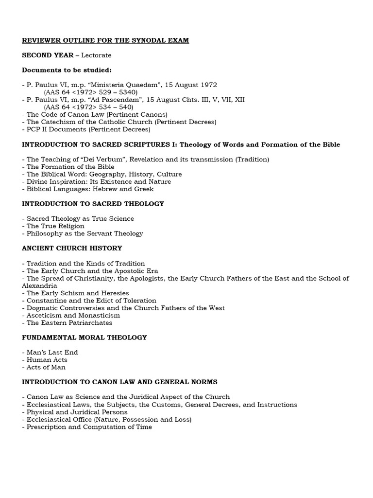Synodal Exam Reviewer Outline for Lectors | PDF | Catholic Church | Bible