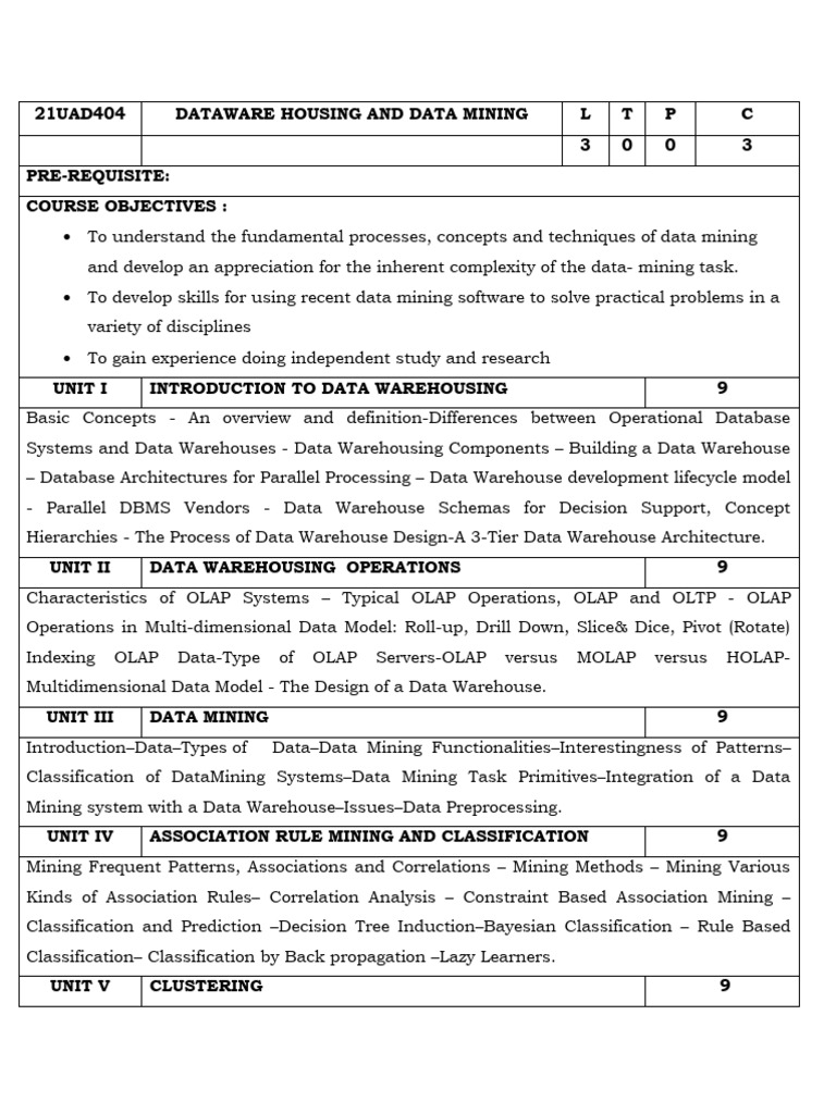 21UAD404 - DWDM Syllabus | PDF | Data Warehouse | Cluster Analysis