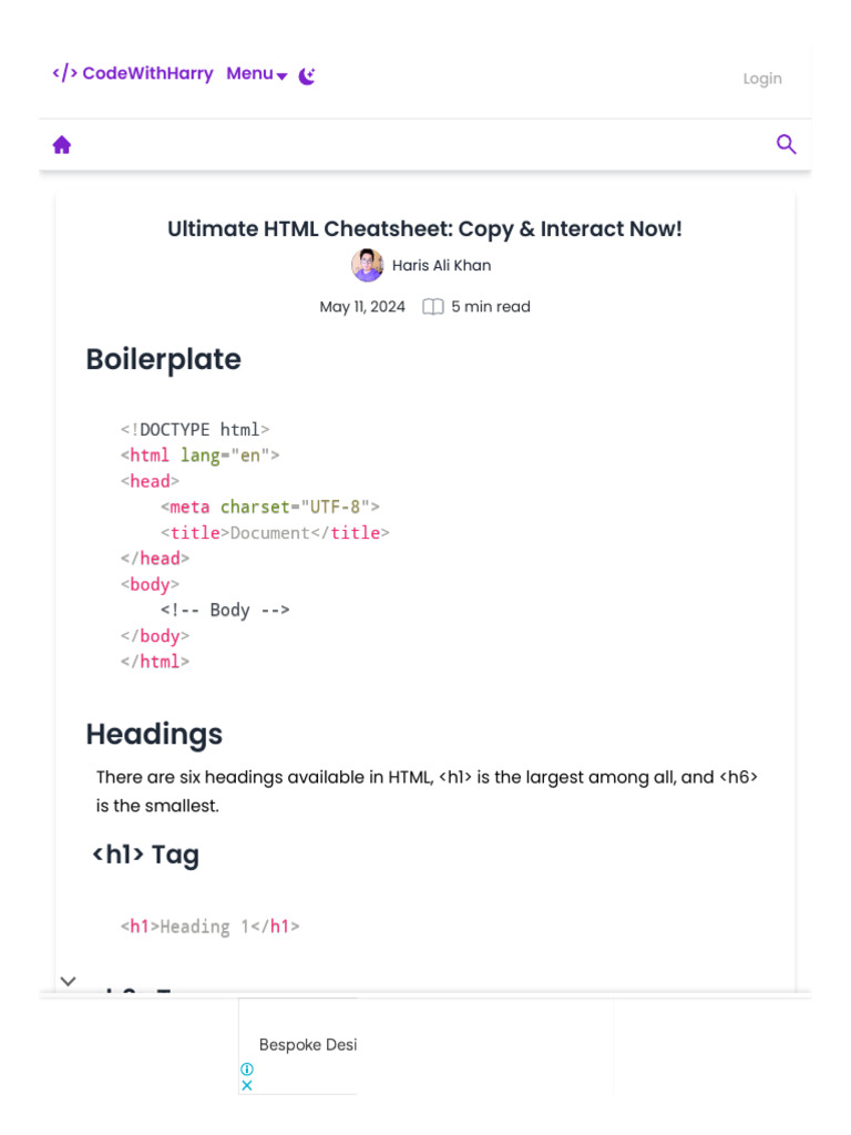 Ultimate Html Cheatsheet Copy And Interact Now Codewithharry Pdf Tag Metadata Html 