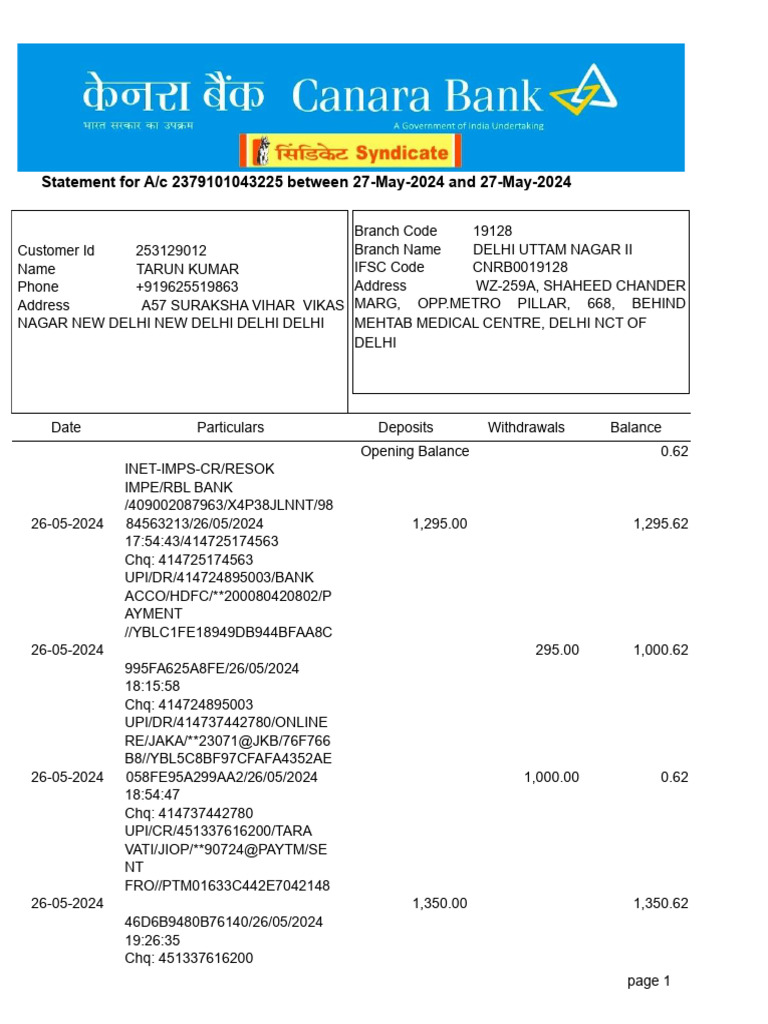 Canara Bank Account Statement Summary | PDF | Phishing | Payments