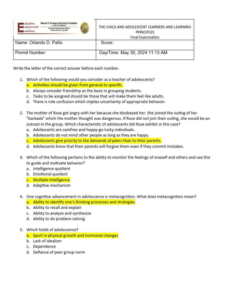 Principles of Adolescent Learning Exam | PDF | Adolescence | Puberty