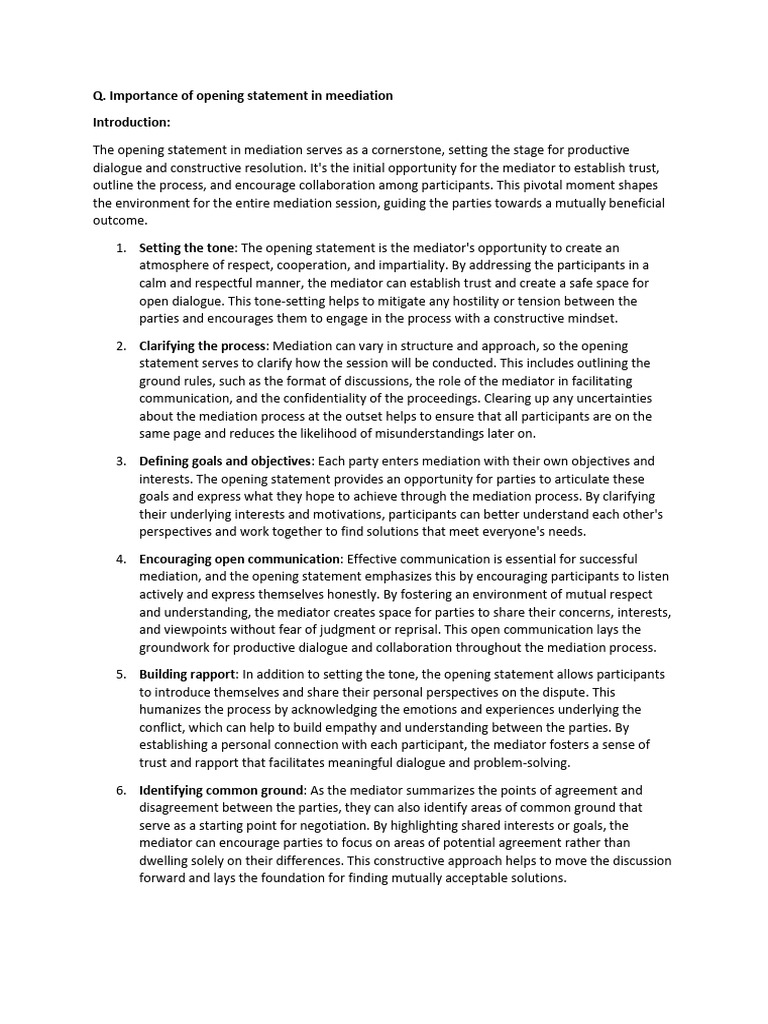 Q. Importance of Opening Statement in Meediation | PDF | Mediation ...