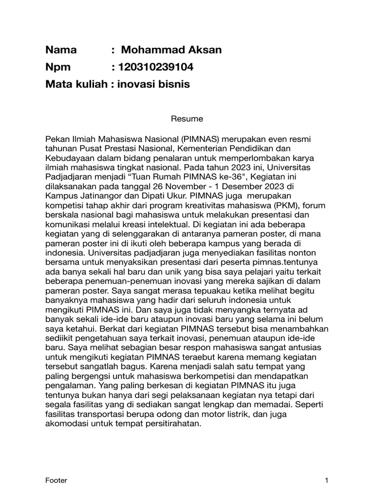 Resume PIMNAS Inovasi Bisnis Mohammad Aksan | PDF