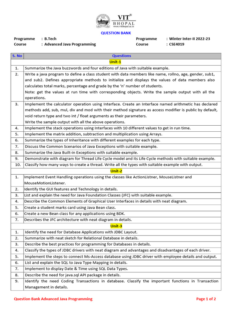Adv Java Programming - Final Qs Bank | PDF | Method (Computer Programming) | Class (Computer ...