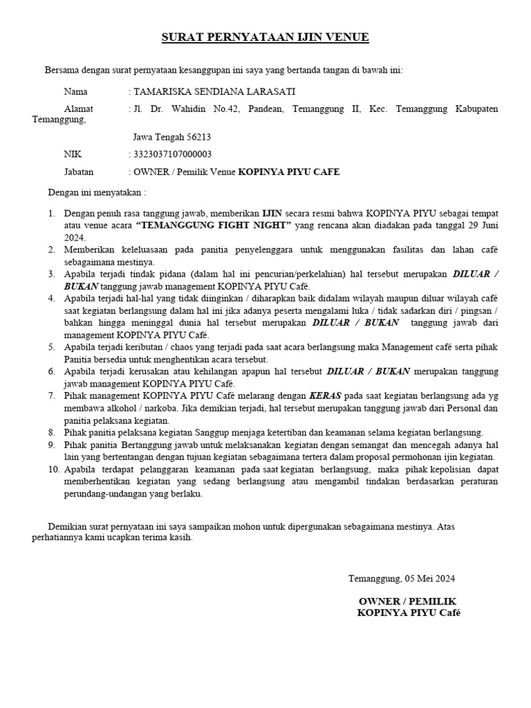 SURAT IJIN TEMPAT KOPI PIYU CAFE | PDF