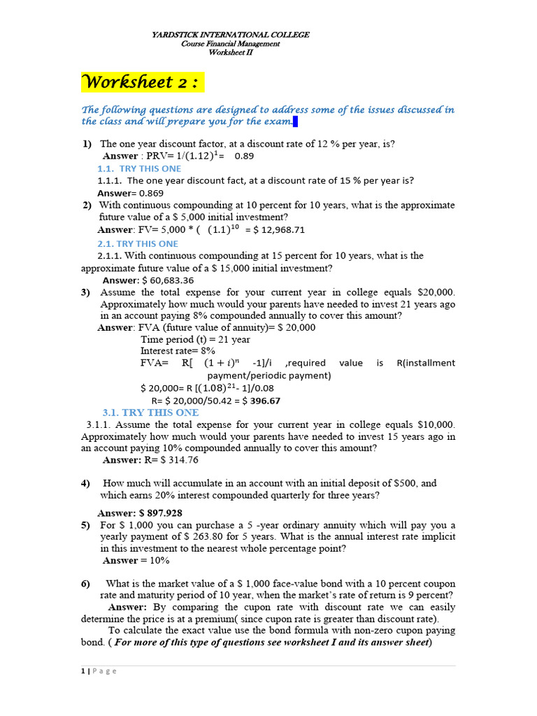 Worksheet 2 | PDF | Bonds (Finance) | Discounting