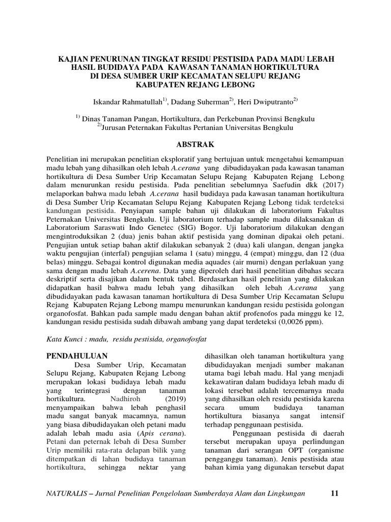 Yjohan, 2 KAJIAN PENURUNAN TINGKAT RESIDU PESTISIDA PADA MADU LEBAH HASIL BUDIDAYA PADA KAWASAN ...