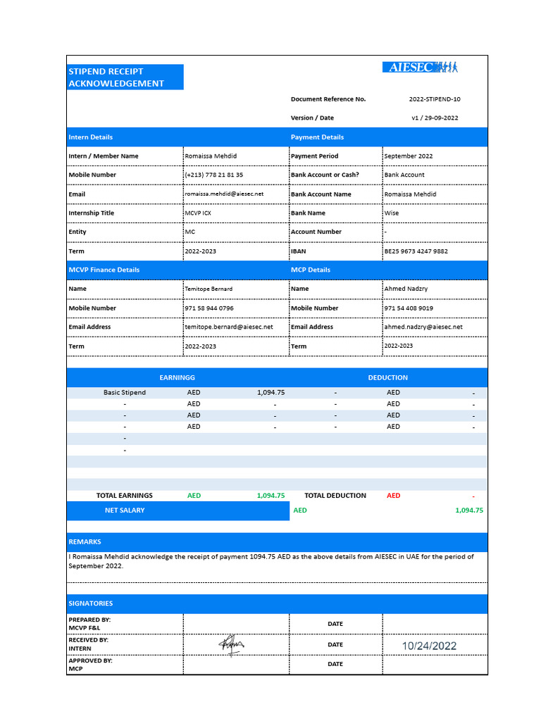 Romaissa - Stipend Receipt Acknowledgement Form - XLSX - Salary Slip ...