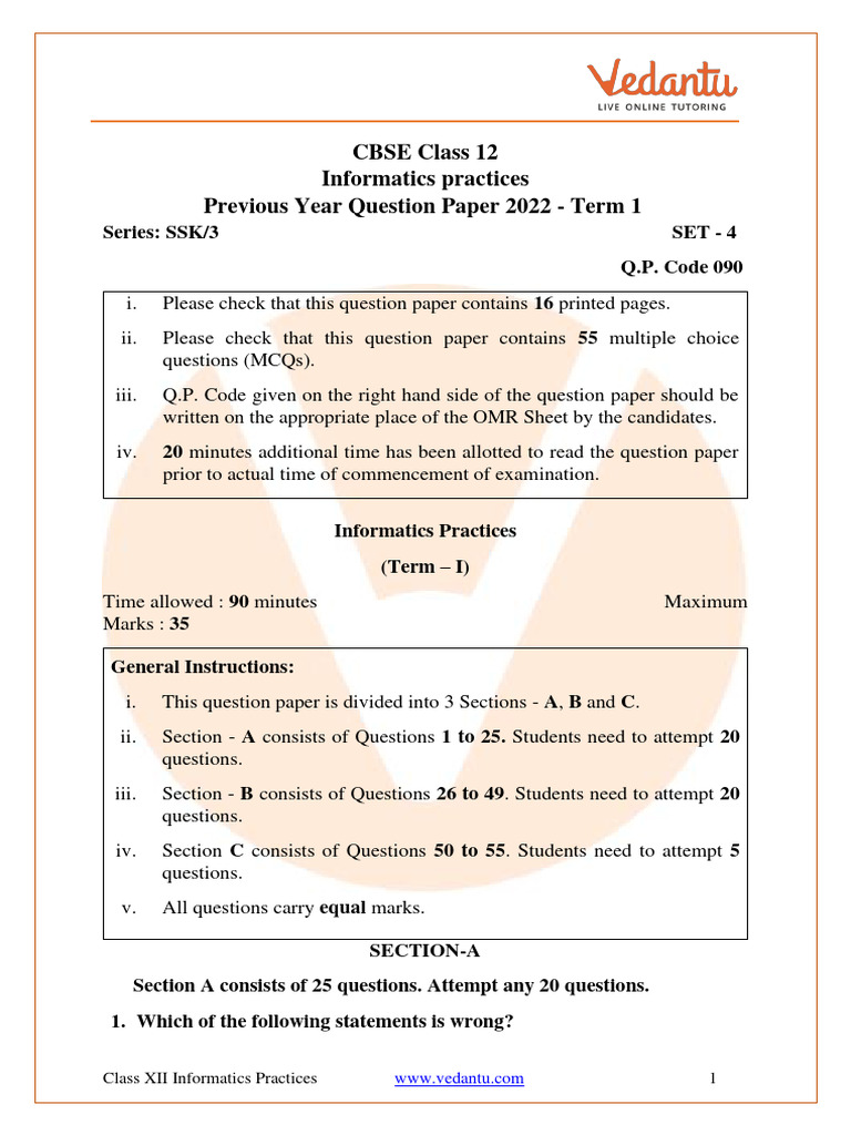 Cbse Class 12 Informatics Practices Term1 Solved Question Paper 2022 | PDF | Comma Separated ...