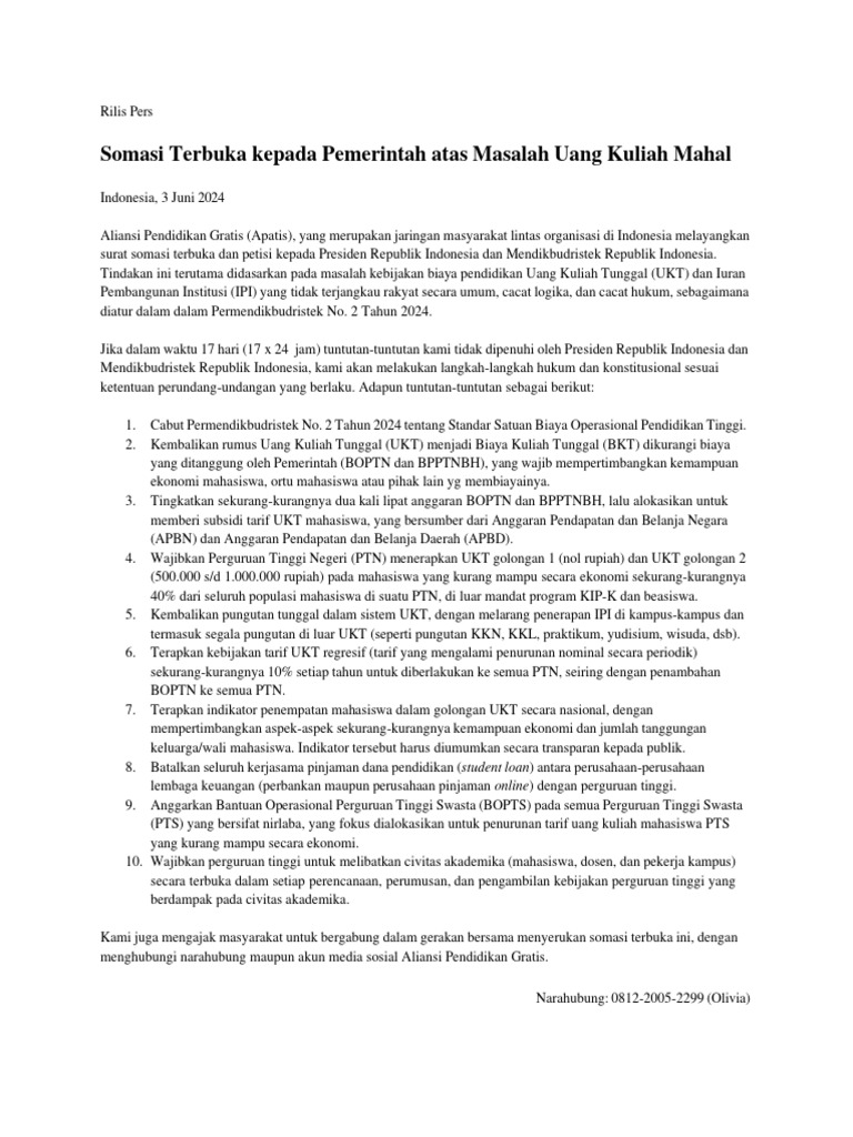 Rilis Pers 3 Juni 2024 Somasi Terbuka Apatis | PDF