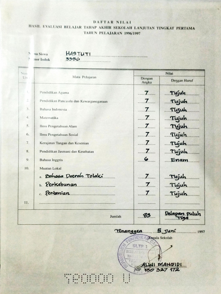Daftar nilai SMP | PDF