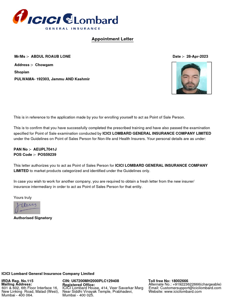 Appointment Letter for POS Role | PDF | Insurance | Financial Risk