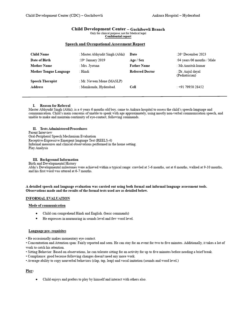 Speech & Language Assessment Report | PDF | Psychotherapy | Speech