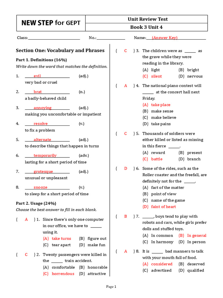 GEPT Unit 4 Review Test Answers | PDF