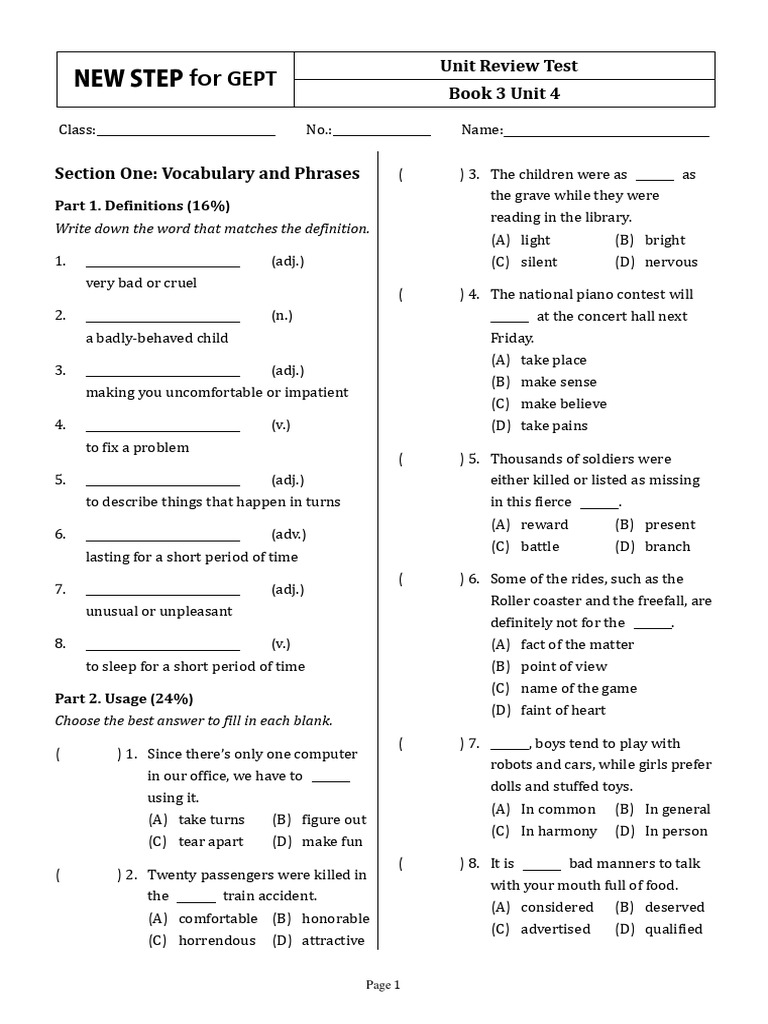 GEPT Unit 4 Review Test Guide | PDF