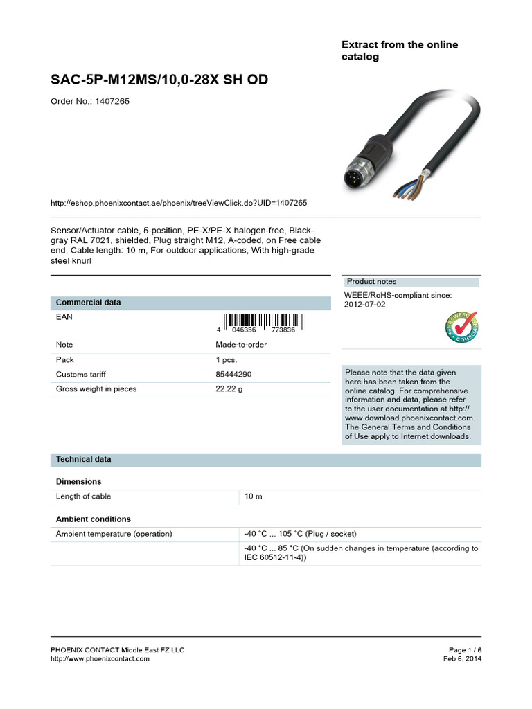 2.uv Sensor Cable Data Sheet - .Sac-5p-M12ms10,0-28x SH Od-1407265 ...