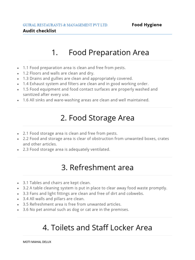 Food Hygiene Audit Checklist Guide | PDF | Food Safety | Hygiene