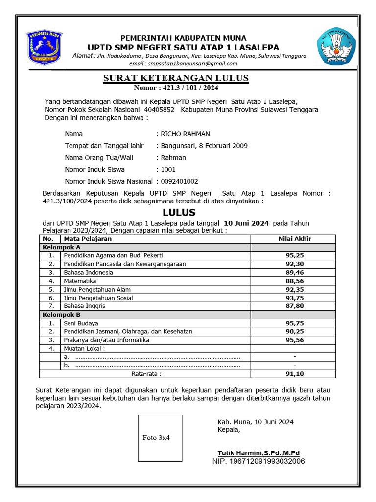 Surat Keterangan Lulus SMP Muna 2024 | PDF