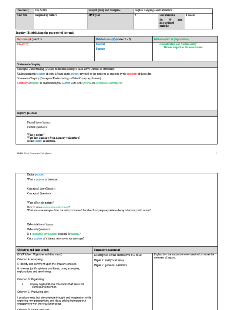 t2 Myp2 Unit 4 Planner | Download Free PDF | Thought | Learning