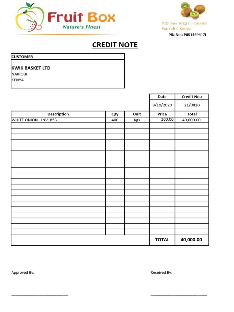 Credit Note - 021 - Kwik Basket | PDF