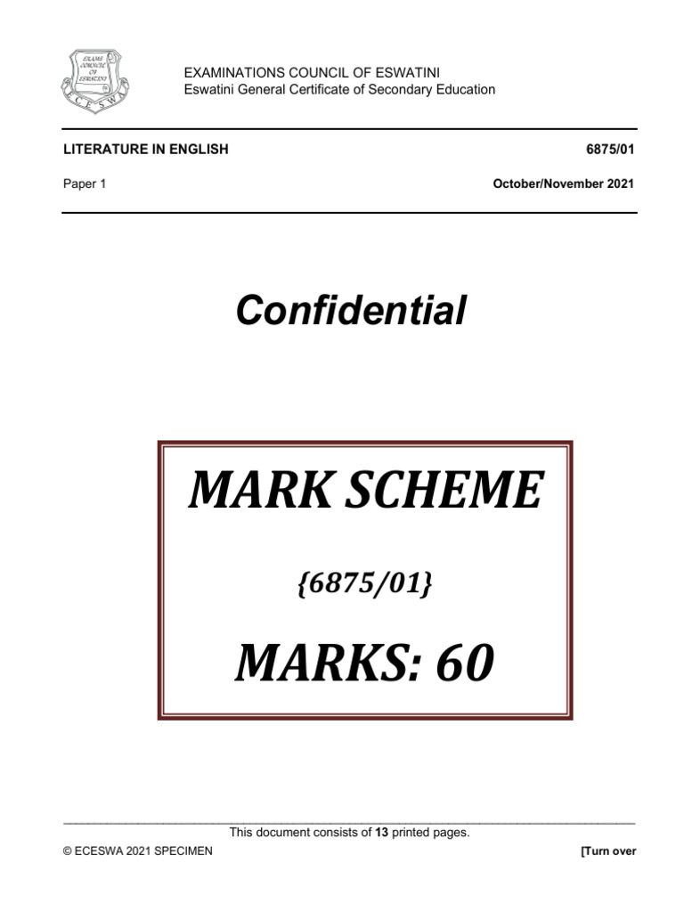 EGCSE Literature in English Specimen 2021 - 2021 Mark Scheme Paper 1 ...