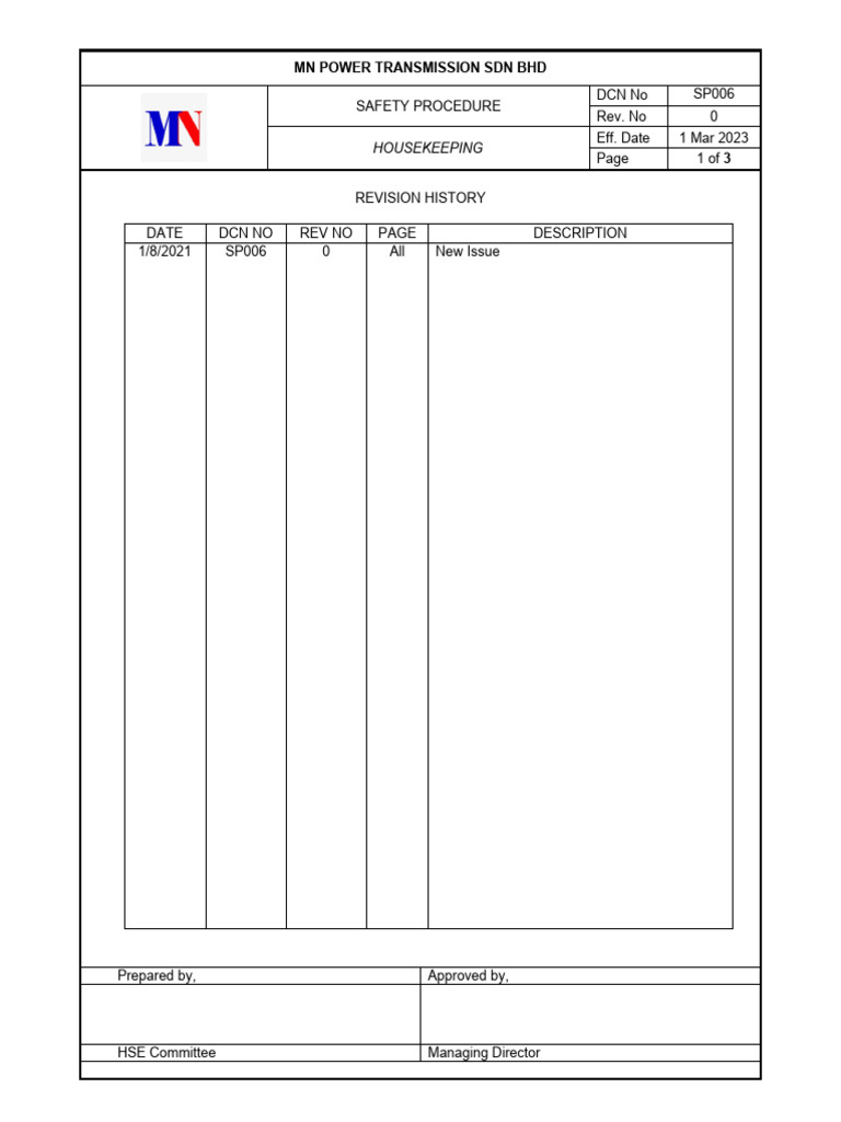 SP006 Safety Procedure - Housekeeping R0 | PDF | Housekeeping ...