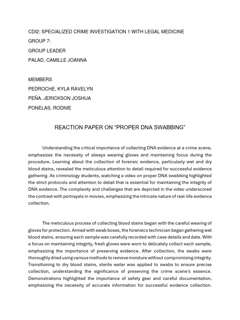 Reaction Paper On Proper Dna Swabbing - Grp7 | PDF | Crime Scene ...