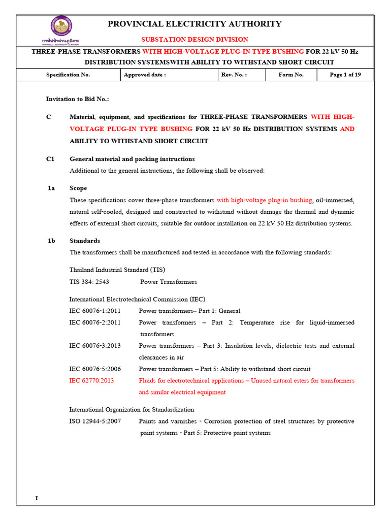 1500 kVA Transformer Specification | PDF | Transformer | Electric Power ...