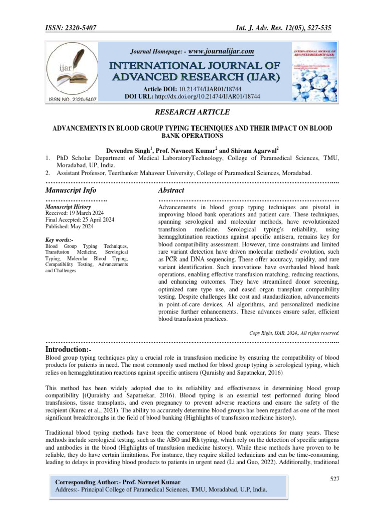 ADVANCEMENTS IN BLOOD GROUP TYPING TECHNIQUES AND THEIR IMPACT ON BLOOD BANK OPERATIONS | PDF ...