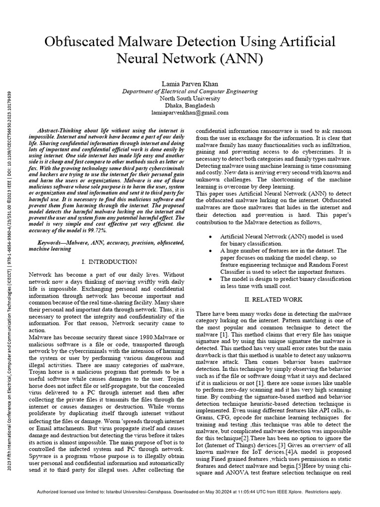 Obfuscated Malware Detection Using Artificial Neural Network ANN | PDF | Malware | Machine Learning