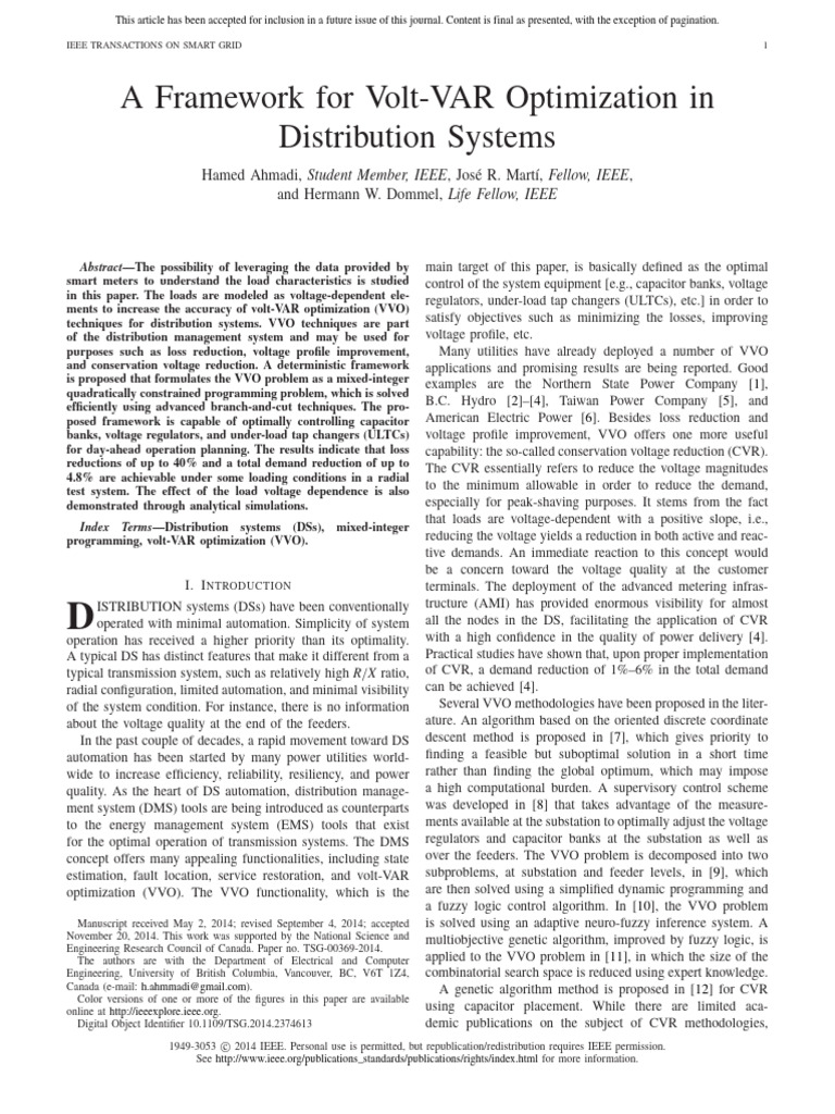 A Framework For Volt Var Optimization In Pdf Electric Power Distribution Electromagnetism