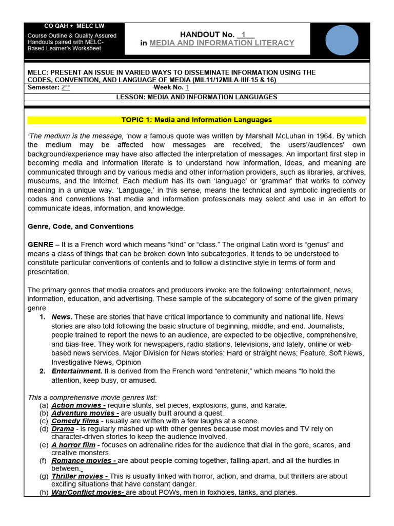 MIL-HANDOUT_WK1 | PDF | Mass Media | Information
