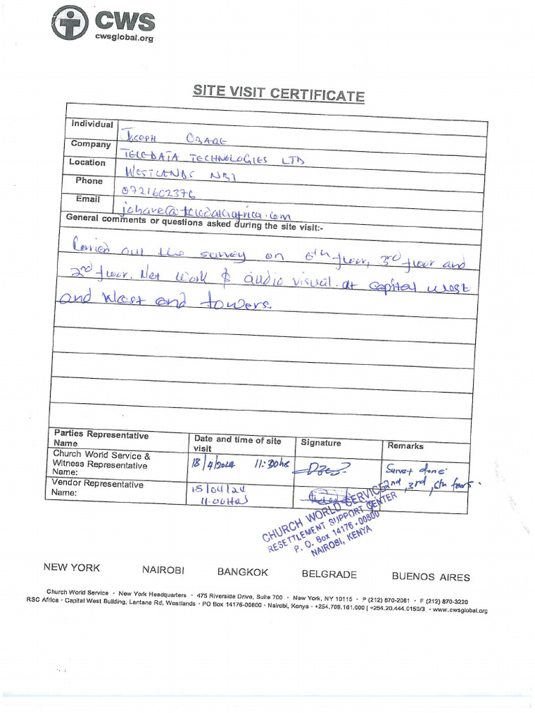 CWS Site Visit Certificate | PDF