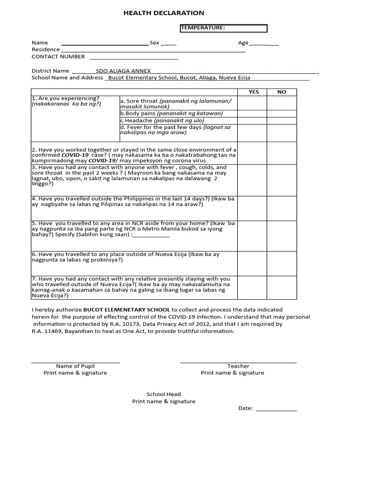 health-declarationblank | PDF | Common Cold | Causes Of Death