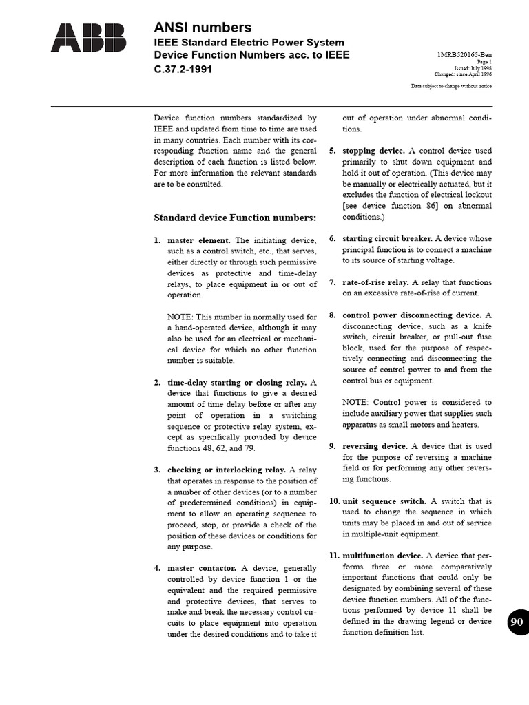 ANSI Numbers IEEE Standard Electric Power System Device Function ... ANSI Numbers IEEE Standard Electric Power System Device Function ...