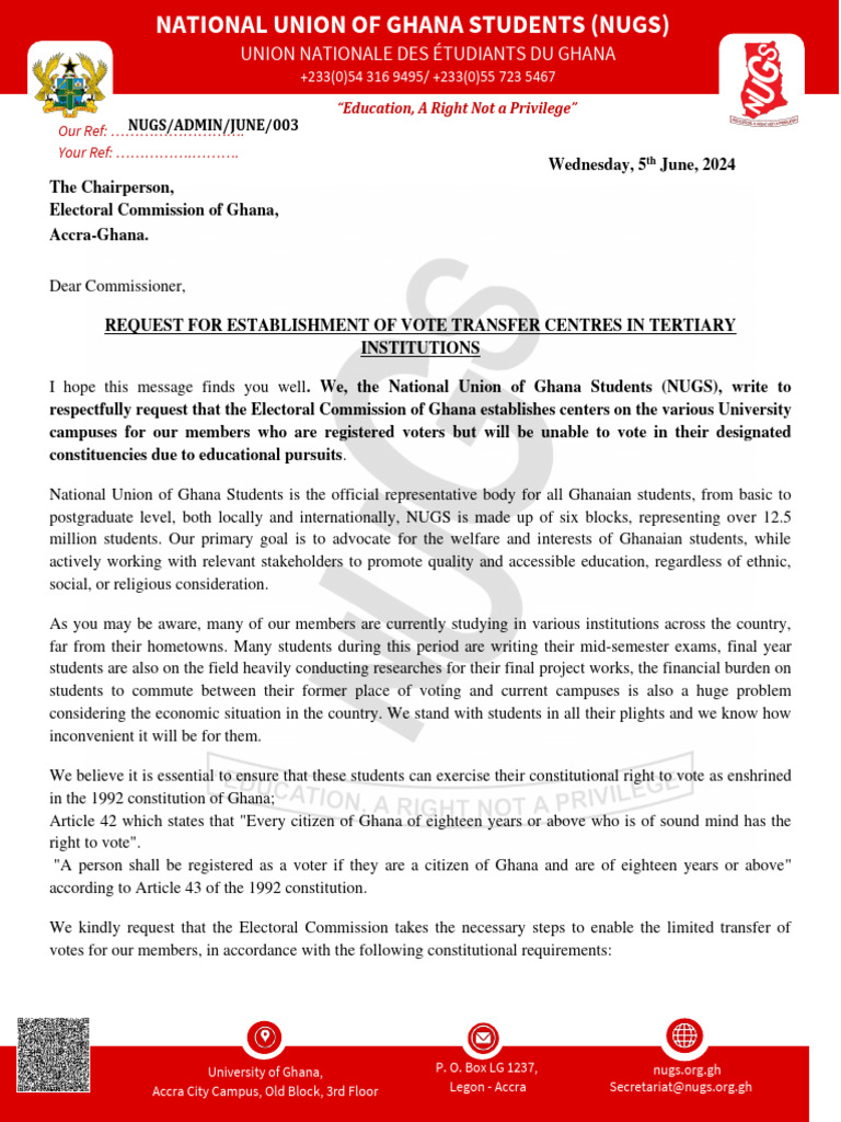 Union Nationale Des Étudiants Du Ghana: Nugs/Admin/June/003 | PDF ...