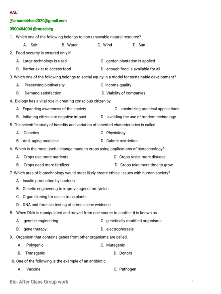 Biology Grade 12 After Class Worksheet (Week One) | PDF