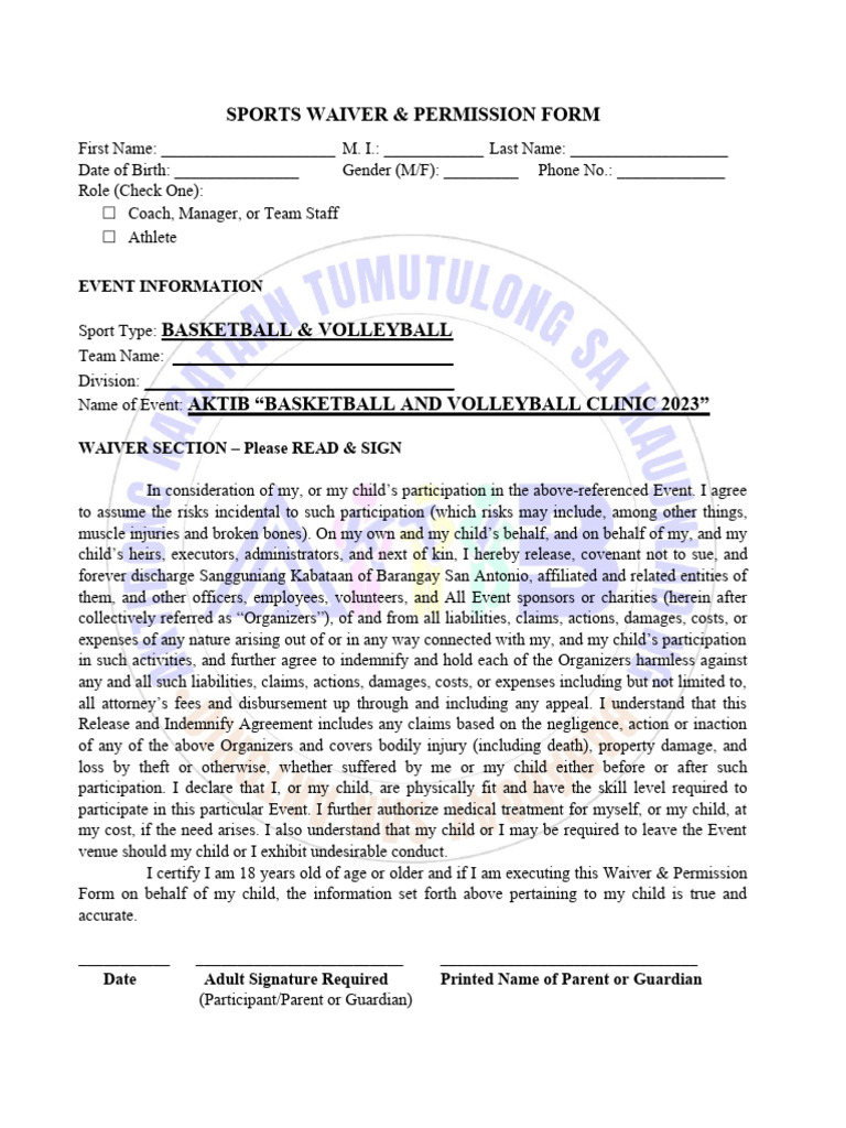 SPORTS-WAIVER | PDF | Indemnity | Damages