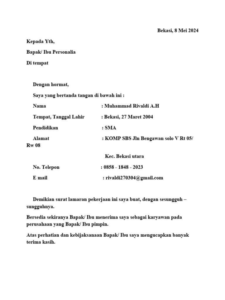 Surat Lamaran Kerja Rivaldi 2024 Approve | PDF