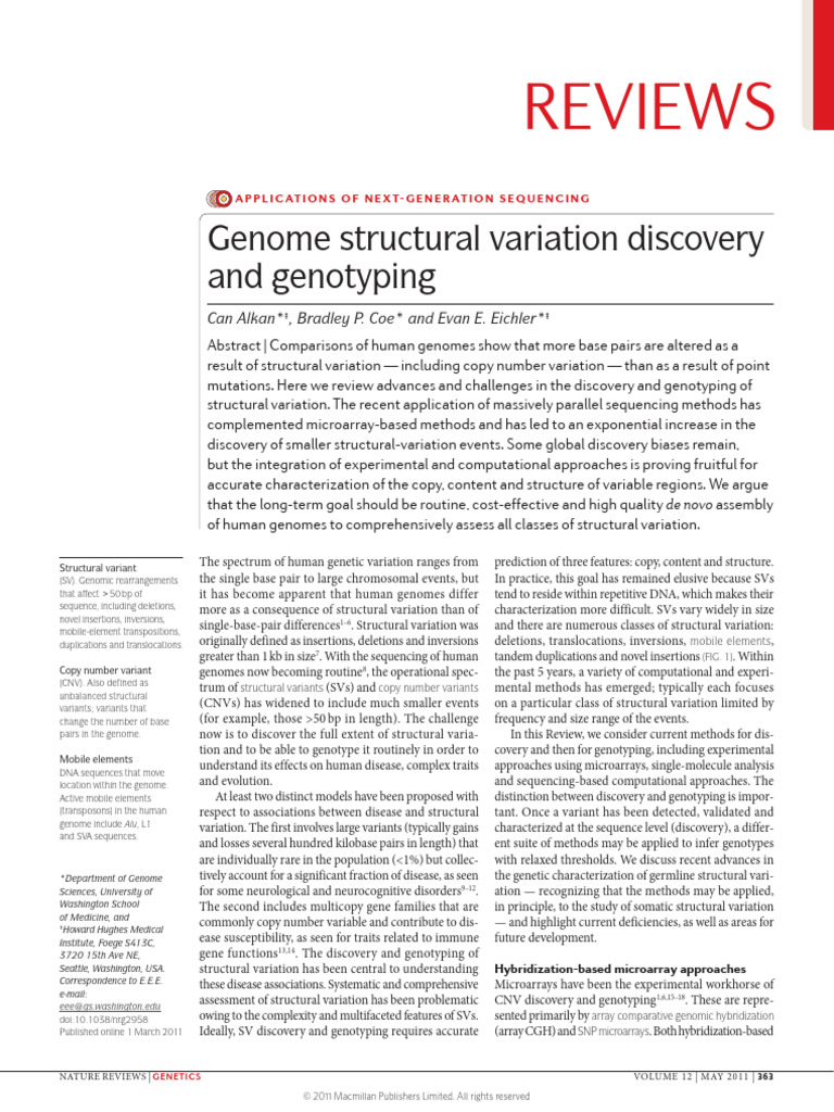 Alkan Et Al., (2011) Genome Structural Variation Discovery and Genotyping | PDF | Dna Microarray ...