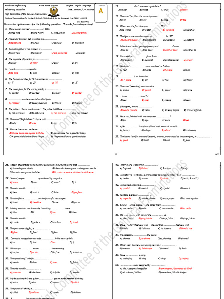 English Language Answers 2nd Attempt 2024 | PDF | Linguistics