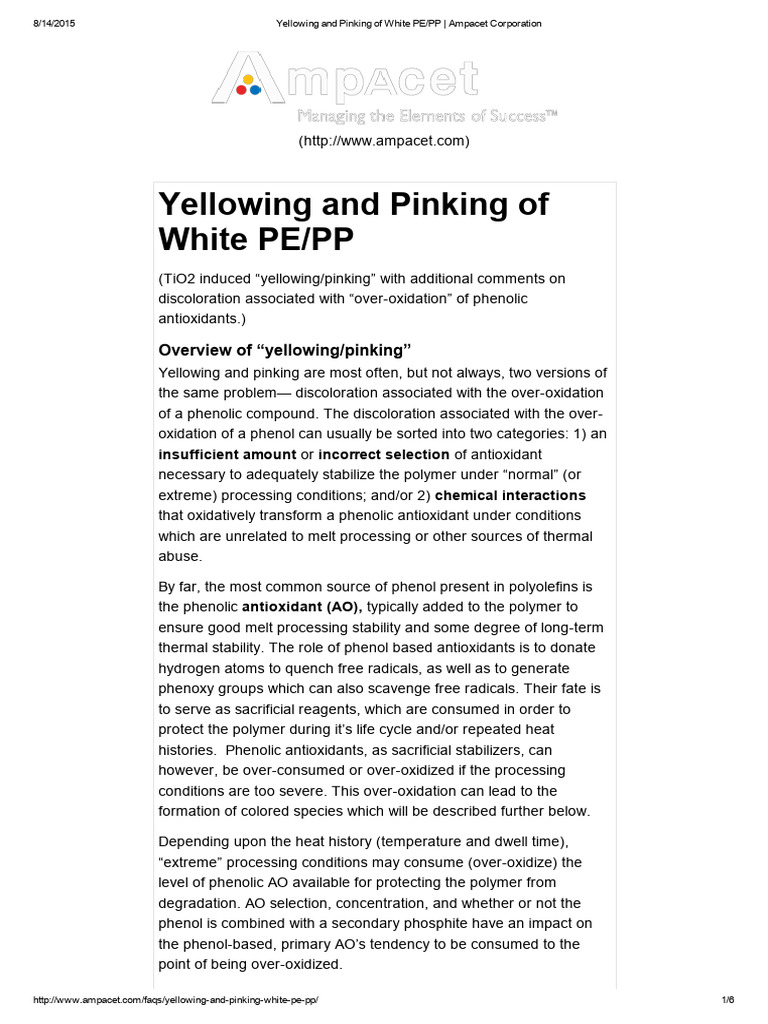 Yellowing and Pinking in PE/PP Polymers | PDF | Antioxidant | Chemical ...