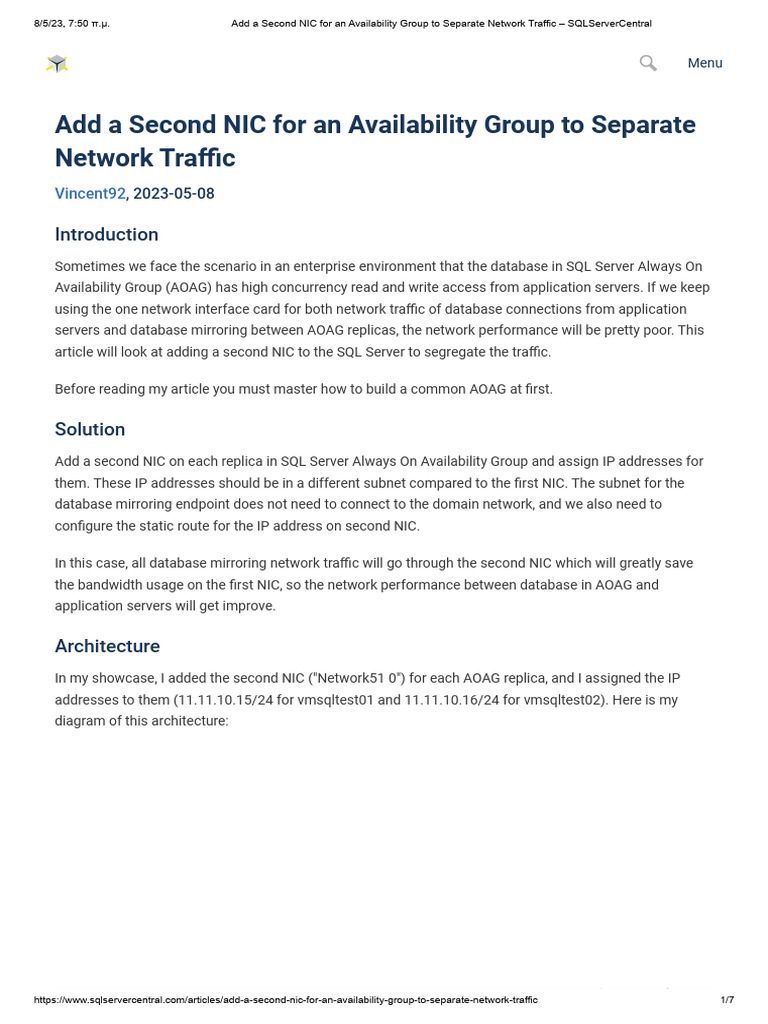 Add Second NIC for SQL Server AOAG Traffic | PDF | Computer Network ...