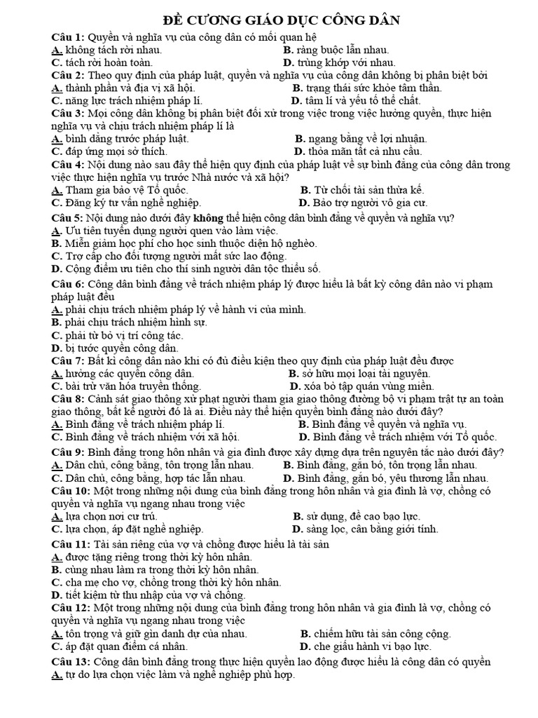 Đề Cương GDCD Cuối Kỳ 1 | PDF