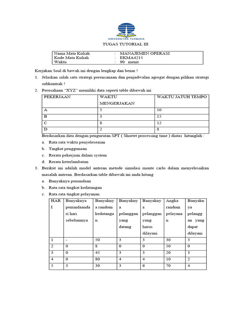 Soal Tugas Tutorial Ke 3 Manajemen Operasi | PDF | Bisnis