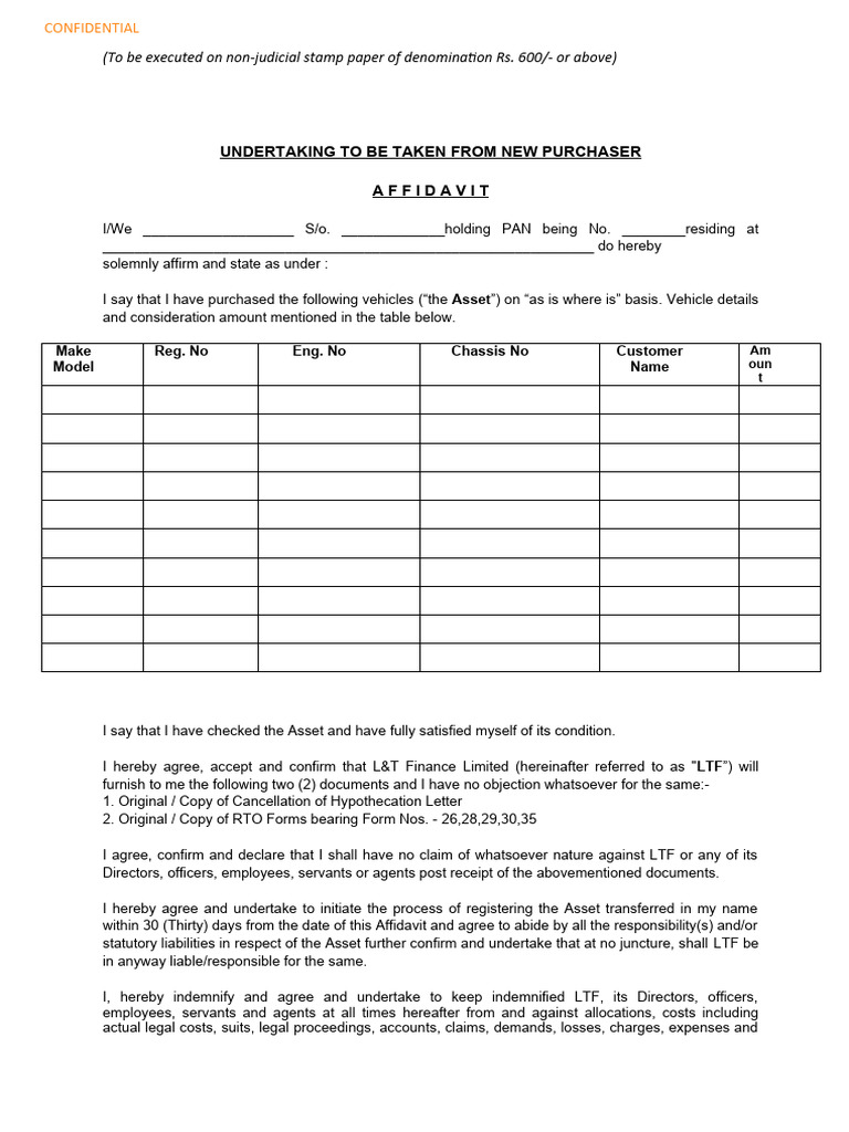Vehicle Purchase Affidavit | PDF | Affidavit | Indemnity